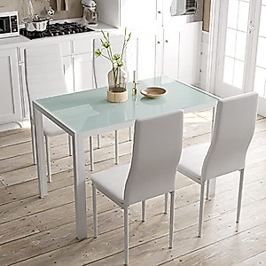 BAHOM 5 Piece Kitchen Dining Table Set for 4, Glass Dining Table and 4 Chairs PU Leather for Breakfast (White)