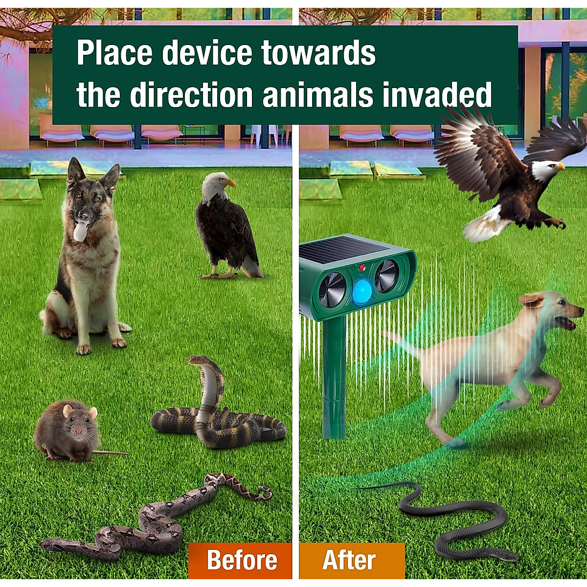 Solar Animal Repeller, 2 Pack Ultrasonic Animal Repeller Outdoor, Animal Deterrent Devices Repel Squirrel, Raccoon, Skunk, Fox, Deer, Waterproof with Motion Detector (Green)