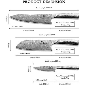3 Pieces Damascus Kitchen Knife Set with 8” Chef Knife, 7” Santoku Knife, 3.5” Paring Knife, 67 Layer Handmade Damascus VG10 Steel Core, Hammered Ergonomic Handle (Gift Box)