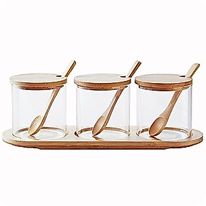 HONGCHU Seasoning Box，Condiment Pots，Glass Condiments Container Condiment Jars with Spoons Container for Spice Salt Sugar Cruet 3P