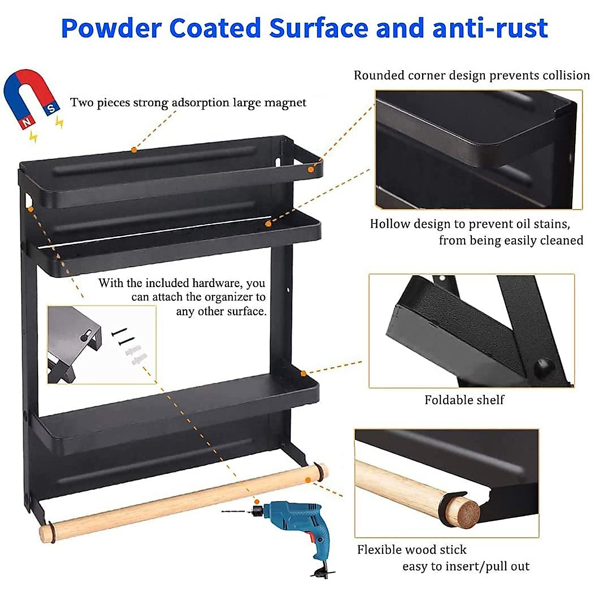 Vodoco Magnetic Spice Rack, Refrigerator Organizer Kitchen Storage 2-Tier Magnetic Shelf Magnetic Paper Towel Holder Spices Organizer Wall Storage Kitchen Storage Rack - Black