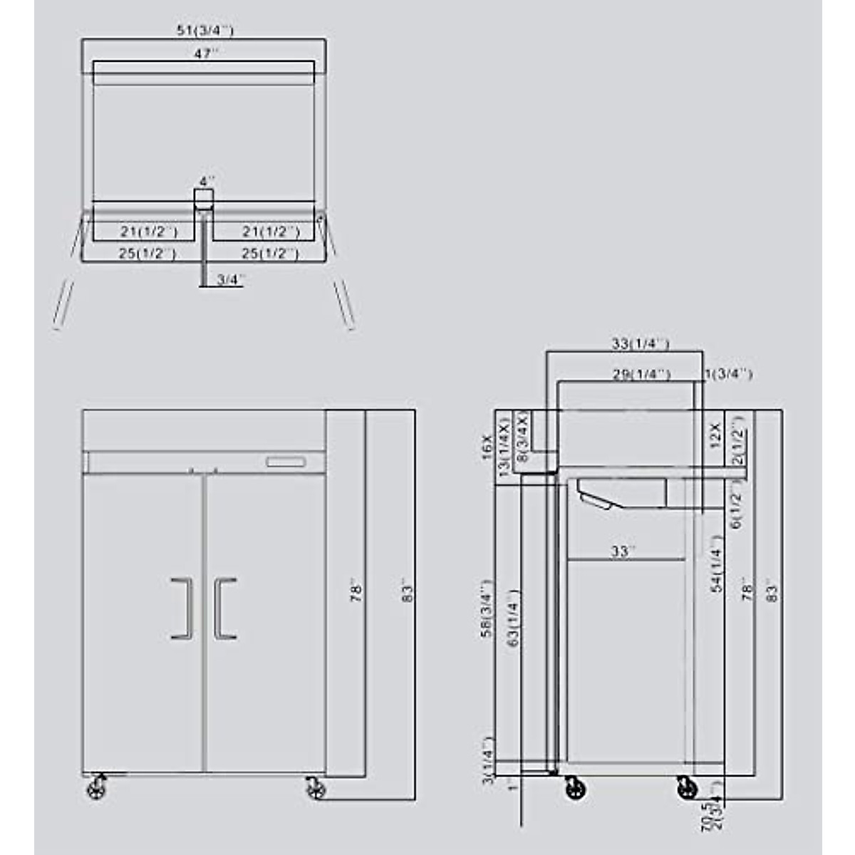 Lucky Kitchen 52 inch Double 2 Door Side By Side Stainless Steel Reach in Commercial Refrigerator for Restaurant, 45 Cubic Feet