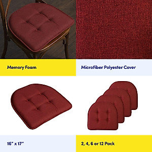 Sweet Home Collection Chair Cushion Memory Foam Pads Tufted Slip Non Skid Rubber Back U-Shaped 17" x 16" Seat Cover, 4 Count (Pack of 1), Wine Burgundy