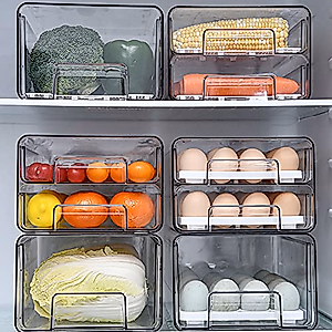 elabo 32 Grid Large Capacity Egg Holder for Refrigerator, Stackable Refrigerator Organizer Drawers with Removable Drain Tray, Fridge Organizer Bins, Pull Out Food Storage Container Bins with Drawer