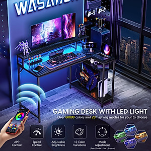 WASAGUN Gaming Desk,40 Inch L Shaped Desk with LED Lights&Power Outlets,Office Desk with Storage Shelves,Small Corner Computer Desk for Bedroom,Carbon Fiber Surface,Black Table