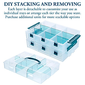 MyGift 11 Inch Clear Arts and Crafts Stackable Container, Sewing Supplies Storage Organizer Case with Blue Accents, 24 Customizable Compartments, and 6 Drawers with Removable Dividers