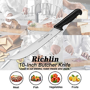 Richlin Butcher Knife,10-Inch Chef Knife Breaking Knife Steak Knife Cimiter Knives,Ultra Sharp Kitchen Knife Made of High Carbon Stainless Steel(Black)