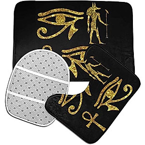 Ancient Egyptian Ankh Gold Bathroom Antiskid Pad Set 3 Piece Bath Mat,Water Absorption Contour,Toilet Lid Cover