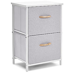 LAND·VOI Dresser Storage,Night Stand with 2 Fabric Drawers,End Table for Bedroom, Office, Living Room, and Hallway Entryway Closets, Steel Frame Wood Top, Easy Pull Handle,White Grey