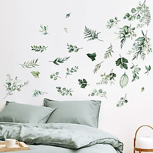 decalmile Botanical Green Leaves Wall Stickers Eucalyptus Leaf Plants Wall Art Decals Bedroom Living Room TV Background Wall Decor