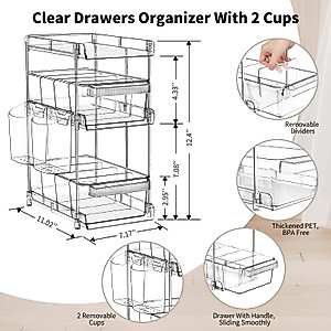 WAKISA Clear Bathroom Organizers 3 Tier, Pull Out Organizer and Storage with 2 Cups, Slide Out Drawer Storage Container with 6 Dividers, Multi-Purpose Bathroom Organizer, Kitchen Under Sink Organizer
