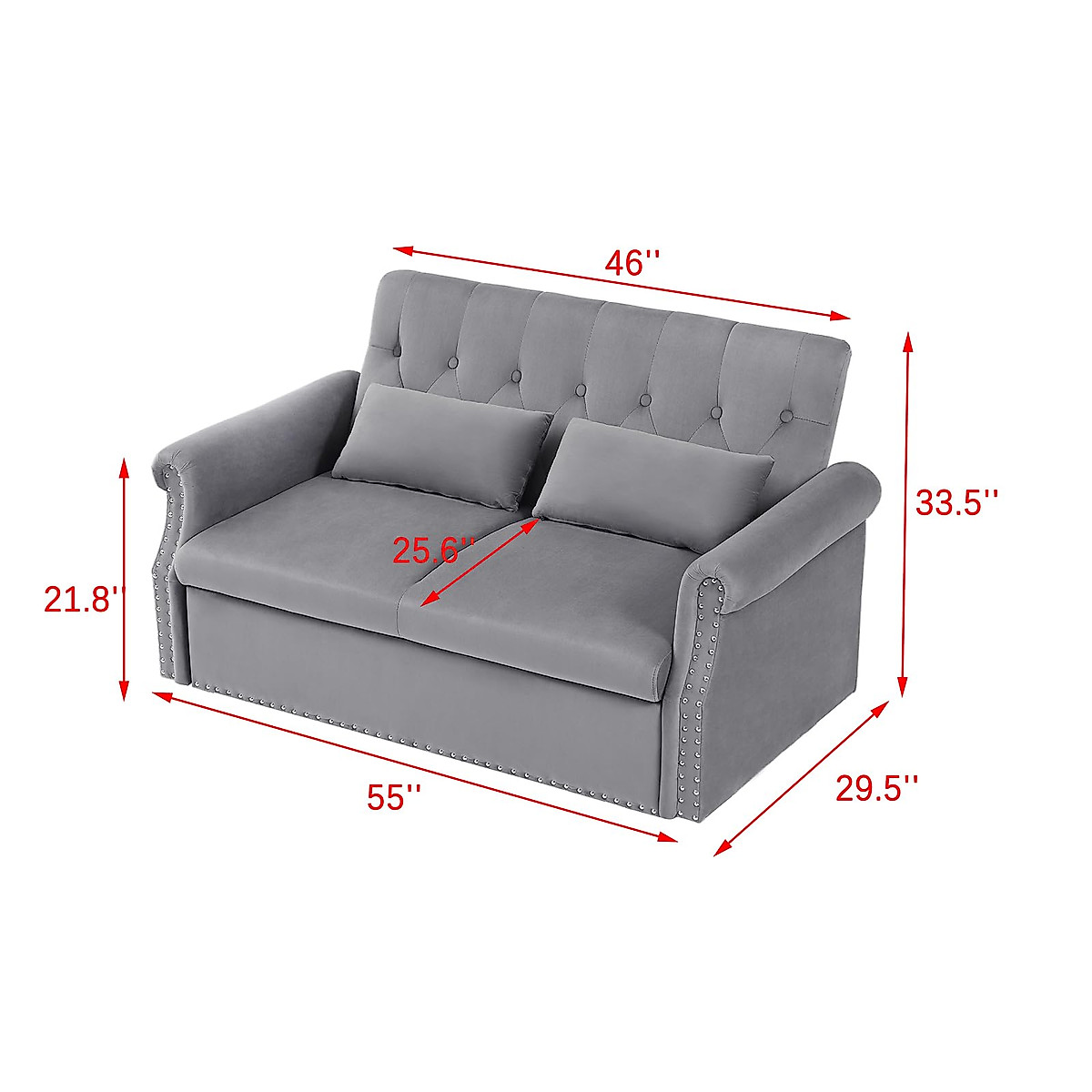 Velvet Pull Out Sleeper Sofa Bed, Convertible Futon Couch Bed with Adjustable Backrests, 3 in 1 Modern Tufted Loveseat with Retro Rivet, Small Love Seat for Living Room, Guest Room, Gray