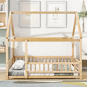 Eafurn Full Size Floor Bed for Kids, House Shape Wood Full Bed Frame with Roof and Fence-Shaped Guardrails for Toddlers Kids Boys Girls Teens, Box Spring Needed, Easy Assembly