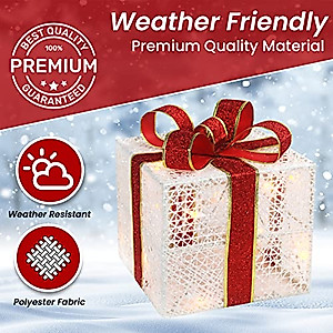 Set of 3 Lighted Gift Boxes Christmas Decoration - Pre-Lit Present with Ribbons and Bows - Light up Gift Box for Indoor Outdoor Yard Home Decor