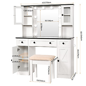 ANWBROAD Farmhouse Makeup Vanity Desk with Mirror and Lights White Vanity Desk 43" W Glass Tabletop Vanity Table with Charging Station & 2 Cabinets Big Modern Dressing Table Stool for Bedroom UBDT71W