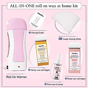 Roll on Wax Kit, WX BRAVEA Wax Roller Roll on Wax Warmer for Hair Removal, Soft Wax Depilatory Wax for Sensitive Skin, 1 Rose Wax&1 Honey Wax for Brazilian Wax, 100 Wax Strips&1 Post Wax Oil for Women and Men