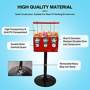 IRONWALLS Commercial Candy Vending Machines for Business, Red 3-Compartment Candy Gumball Vending Machine with Stand, Coin Operated Metal Candy Dispenser Vending Machine for 1”-1.3” Candies