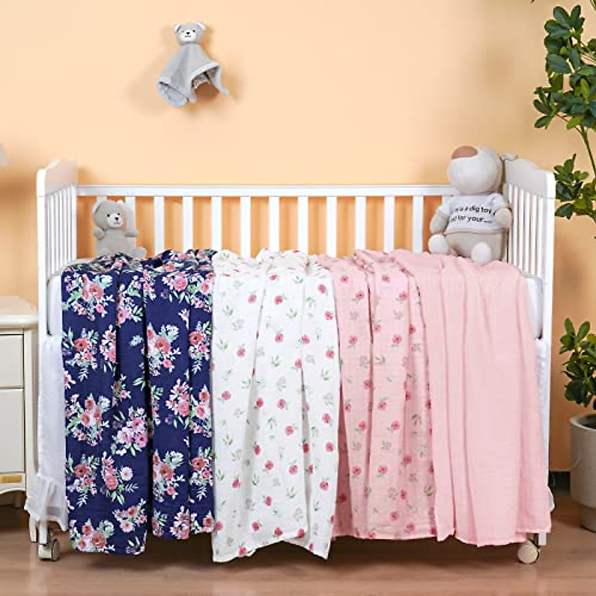david's kids 4 Pack Baby Muslin Swaddle Blankets, 100% Cotton Swaddling Blankets Wrap for Girls, Ultra Soft Breathable Receiving Blanket, New Born Essentials, Floral Flowers/Pink