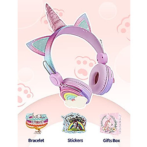 Soosooly Unicorns Headphones for Kids/Teens, Unicorns Gifts for Girls,3.5mm On-Ear Wired Headset with Nylon Cable for Travel/School/iPad/Smartphones/PC/Kindle/Tablet/Laptop - Pink& Purple