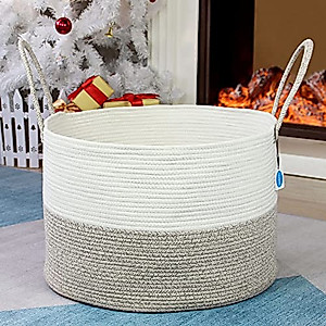 Casaphoria XXXLarge Cotton Rope Basket for Living Room - Woven Storage Basket with long Handle for Blankets, Towels and Pillows Laundry Hamper | Cream white and Brown (22" x 22" x 14")