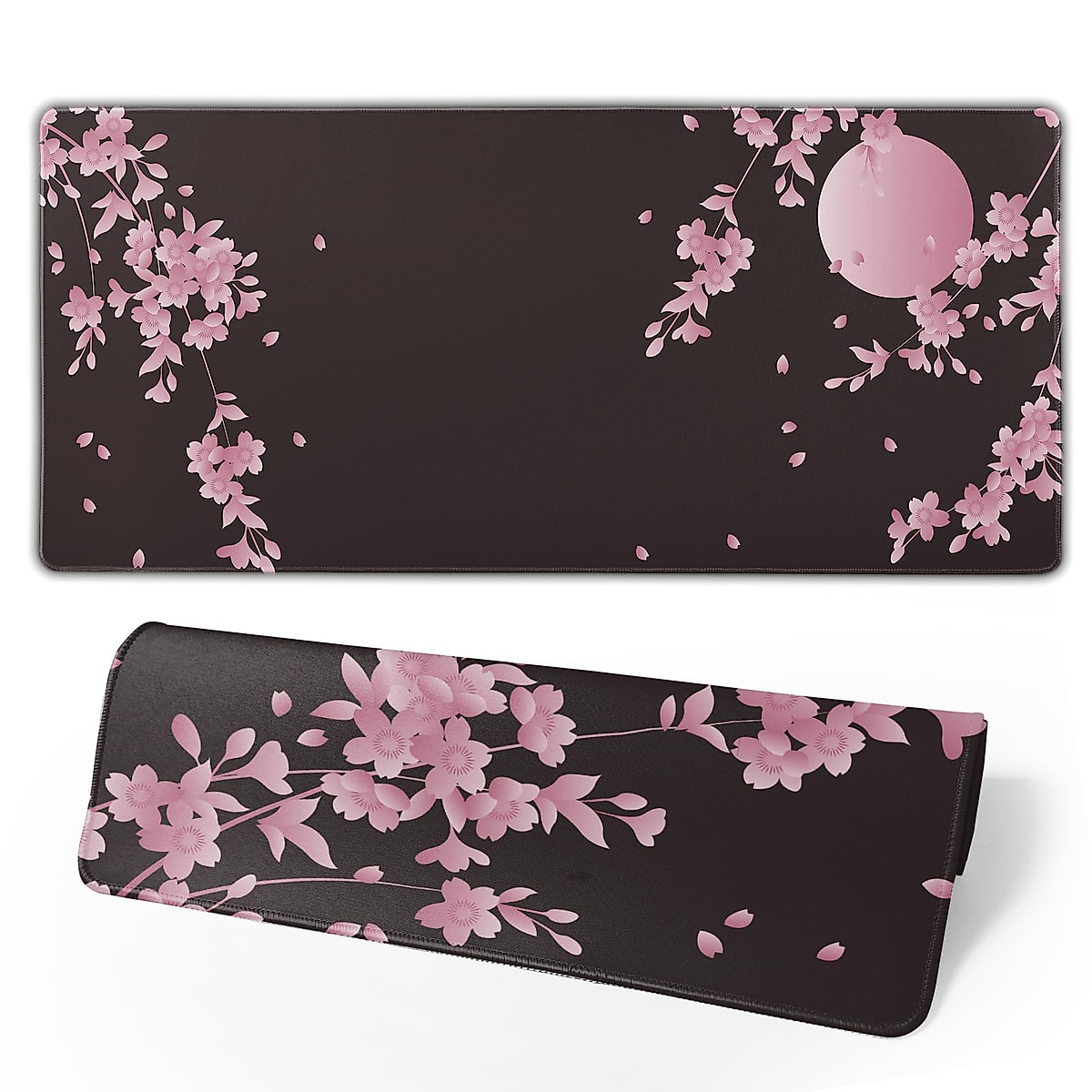 Sakura Cherry Blossom Extended Gaming Mouse Pad Non-Slip Rubber Base Pink Large Mousepad 31.5x11.8in with Stitched Edge Waterproof Flower Keyboard Pads Black Desk Laptop Mats for Work/Game/Office
