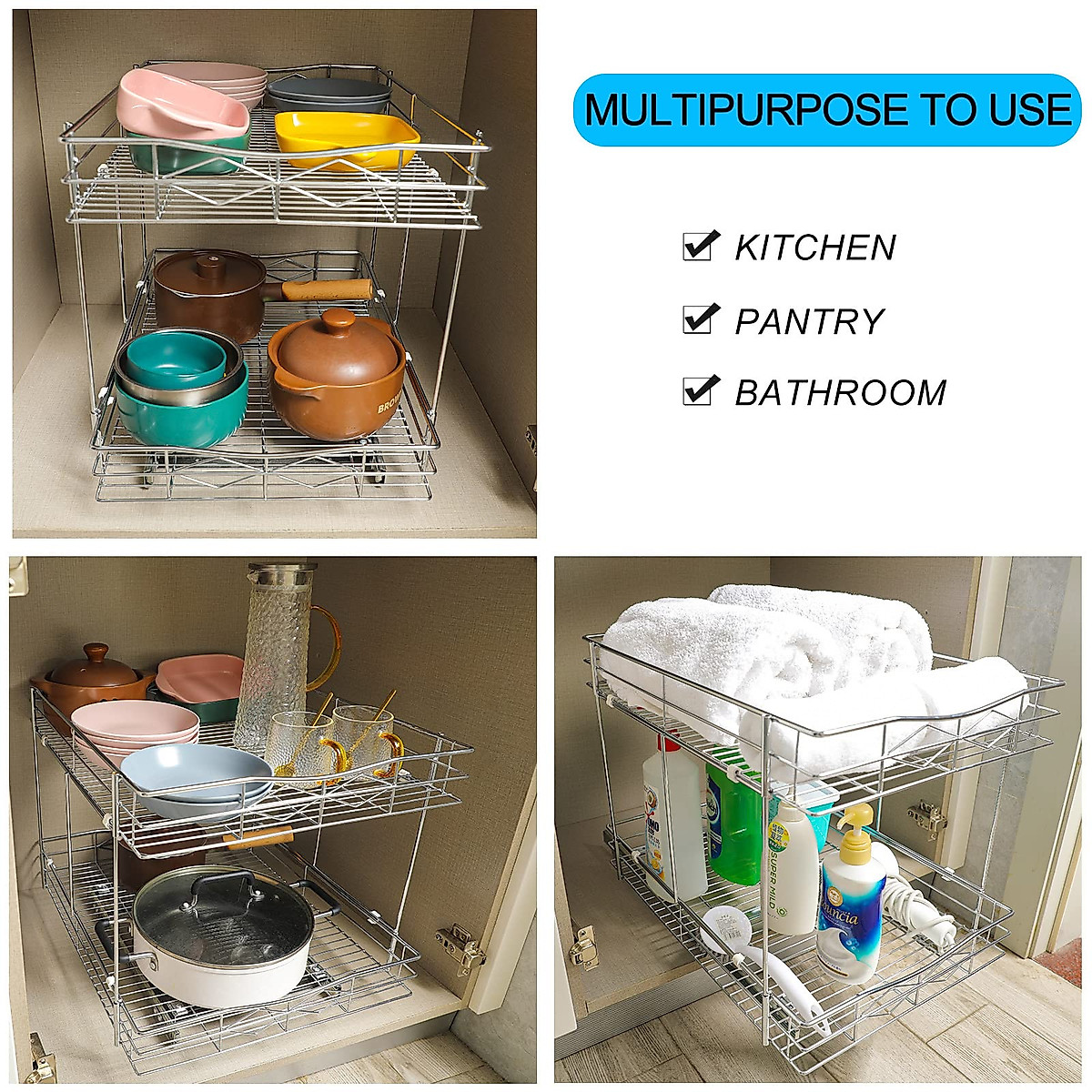 TQVAI 2 Tier Pull Out Cabinet Organizer, Sliding Out Under Sink Cookware Organizer, Wire Shelf Storage Basket for Kitchen Bathroom - 14" W x 21" D x 16-3/8"H, Request at Least 15 Inch Cabinet Opening