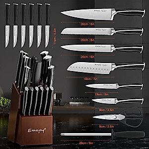 Knife Set, Emojoy 15 Piece Kitchen Knife Set with Block Wooden, German Stainless Steel Sharp Chef Knife Set with Sharpener, Dishwasher Safe and Rust Proof (Black)