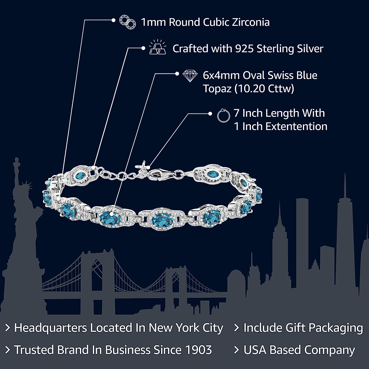 Gem Stone King 925 Sterling Silver London Blue Topaz Tennis Bracelet For Women (10.20 Cttw, Gemstone Birthstone, Oval 6X4MM, 7 Inch With 1 Inch Extender)
