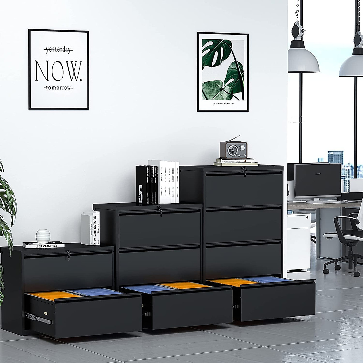 AOBABO 4 Drawer Lateral Steel File Organizing Cabinet with Locking System and Adjustable Hanging Bars for Letter/Legal Size Paper, Black