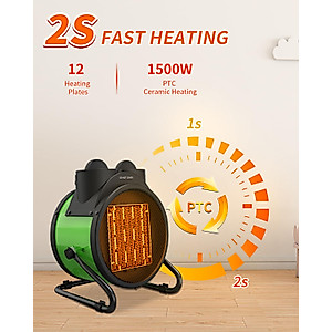 Buyplus Outdoor Heater, 1500W Portable Garage Heater with 90°Adjustable Angle, Overheat Protection & 2S Fast Heating, Electric Space Heater for Patio, Garage, Greenhouse, Indoor Outdoor Use Green