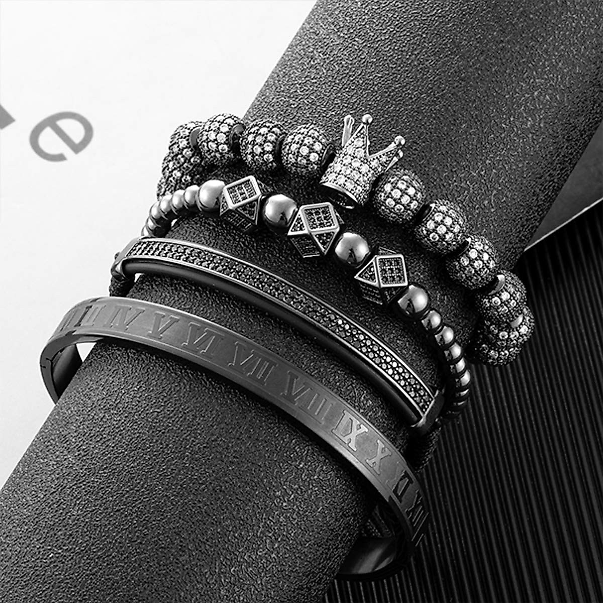 MAGIC FISH Imperial Crown King Black Bracelet for Men and Women Pave CZ Handmade Mens Bracelets Set Friendship Luxury Charm Fashion Cuff Pulseira Bangle Birthday Jewelry?Adjustable size?