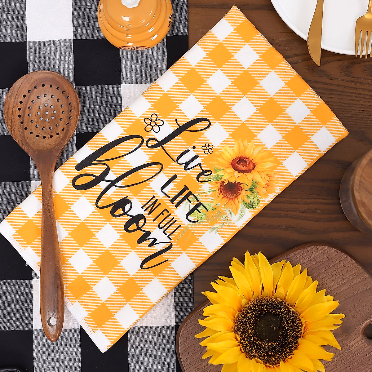 AnyDesign Sunflower Dish Towel 18x28 Inch Spring Summer Tea Towel Orange White Buffalo Plaids Flower Dishcloth Hello Sunshine Gnome Decorative Hand Towel for Bathroom Cooking, 4Pcs, A0196