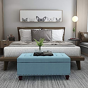 Homebeez Fabric Storage Ottoman Long Bench Button-Tufted Rectangular Footstool with Wood Legs(Blue)