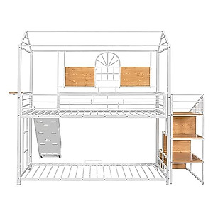 BOVZA House Bunk Bed with Slide and Stairs, Twin Over Twin Metal Bunk Beds Frame with Roof and Storage Staircase for Kids Boys Girls Teens, White