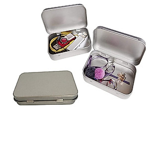 Metal Hinged Empty Hinged Tin Container with Lid, Silver Mini Portable Storage Tin Box for Pills Crafts Herbs Home Jewelry Organizer, Rectangular Candy Tin Empty Box (4 Pack)