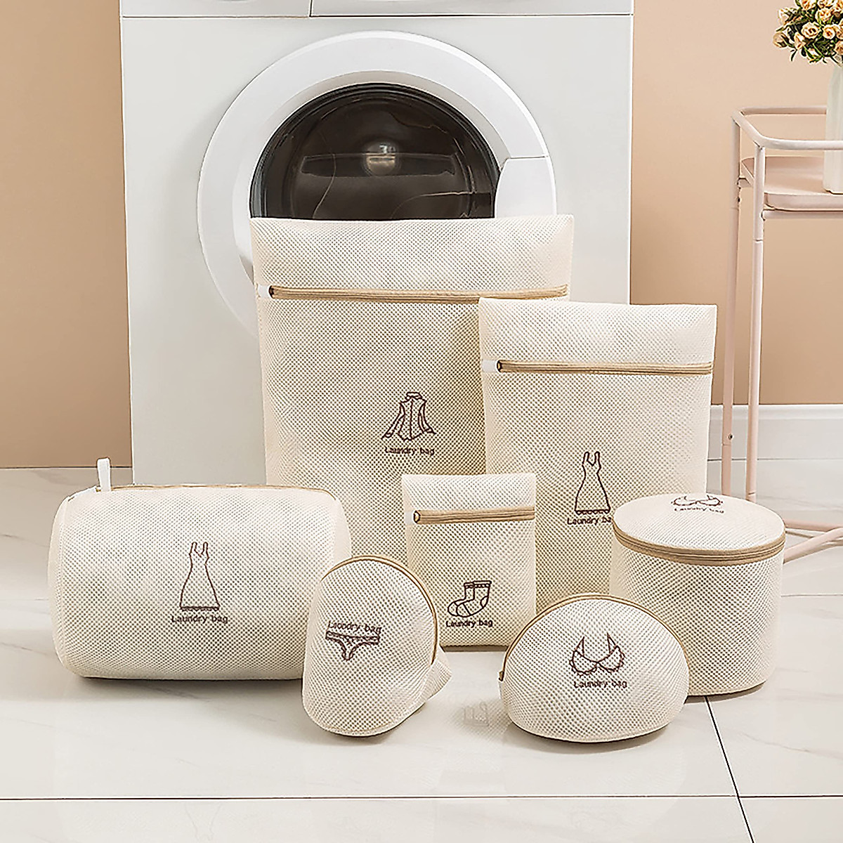 GIGIFULL 7 Pack White Mesh Laundry Bags for Delicates - Anti-Deformation Reusable Laundry Bags for Overcoat, Bra, Stocking, Blouses And Hosiery (7 pcs)