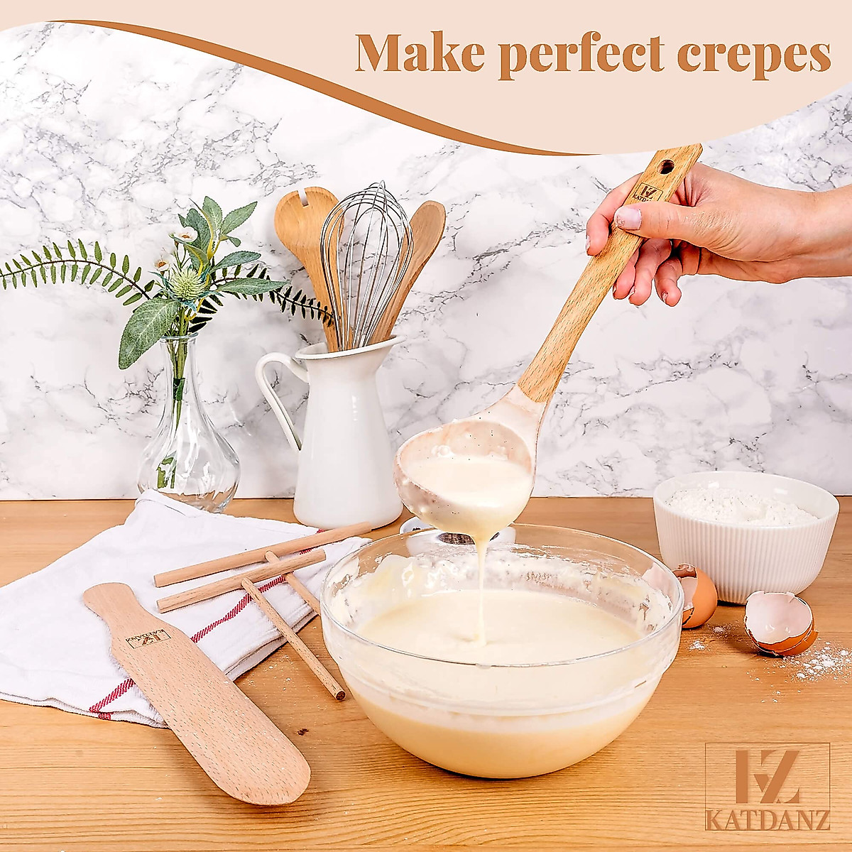 Crepe Spreader Spatula and Ladle Kit - Large and Medium Beachwood Versatile Pancake Tool 3 Recipes Included - Convenient Size for Nonstick Disc Pan Crepe Maker - Lightweight Wooden Flipper - Great Set