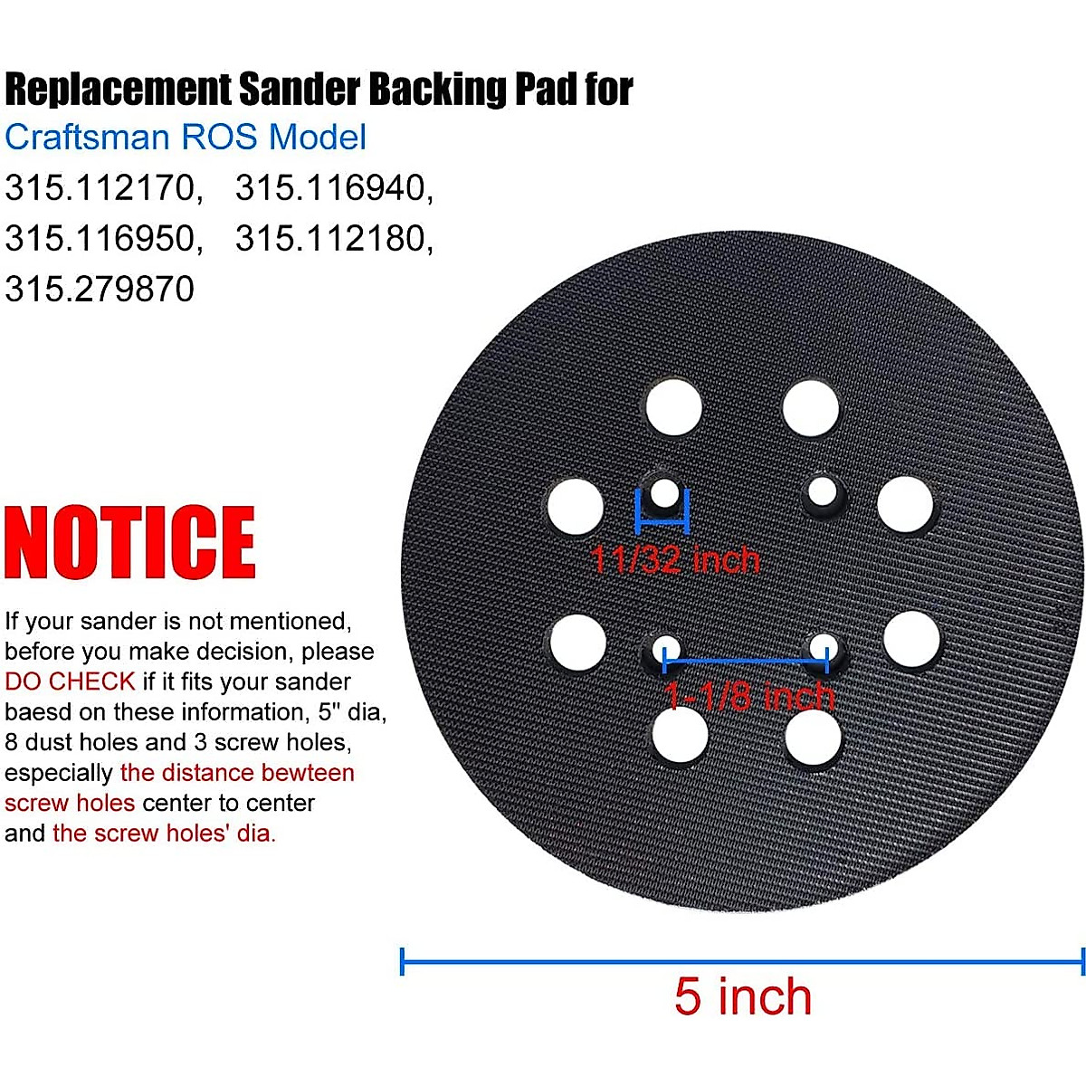 2 Pack 5 Inch 8 Hole Hook and Loop Replacement Sander Pad for Craftsman 315 Model Random Orbit Sander - 315112170, 315116940, 315116950, 315112180, 315279870 Orbit Sanders Sanding Pad