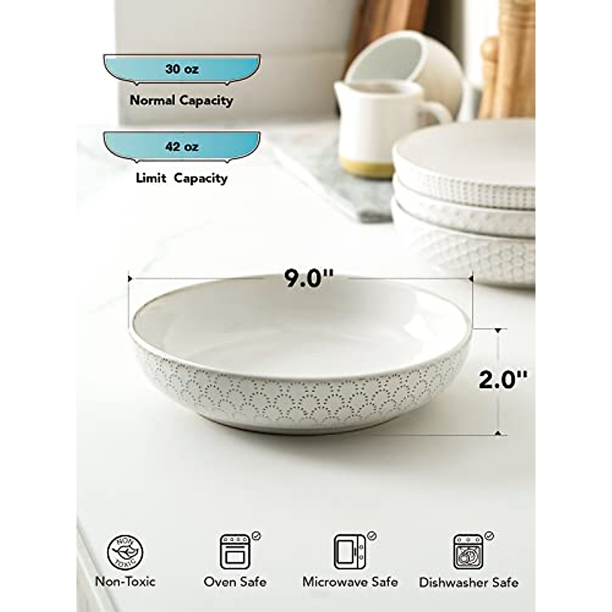 LE TAUCI Pasta Bowls, 42oz Large Salad Bowl, Serving Plate House-warming Wedding Gift, Ceramic Embossment Stoneware Bowl for Fruits, Noodle, Dinner - 9 Inch, Set of 4, Arctic White