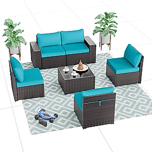 ALAULM 6 Pieces Patio Furniture Set Sectional Sofa Set Outdoor Furniture All Weather Brown PE Rattan Patio Conversation Set w/5 Blue Seat Cushions and 1 Coffee Table