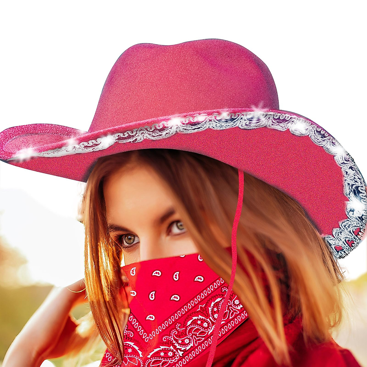 JICASTO Cowboy Hat Pink Cowgirl Hat with Sequins & Tiara Crown for women Rodeo Party Hats with Heart Glasses (Glitter Fringed Hot Pink)