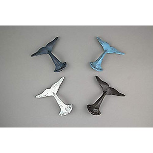 Zeckos Set of 4 Colorful Cast Iron Whale Tail Wall Hooks Decorative Coastal Metal Hangers