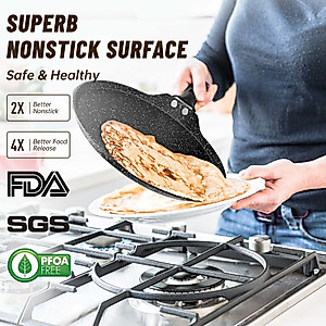 Innerwell Nonstick Crepe Pan, Comal Dosa Pan Tawa Griddle Pancake Pan, 10 Inch Tortilla Pan with Stay-Cool Handle, Induction Compatible, 100% PFOA Free, Black