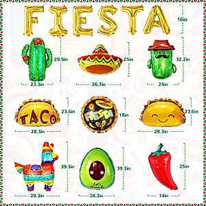 Fiesta Party Decorations Set, Big Taco Party Decorations Set - Pack of 15, Fiesta Taco Llama Cactus Avocado Chili Sombrero Balloons for Mexican Party Decorations, Mexican Theme Baby Shower Decorations