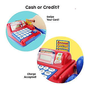 Boley Toy Cash Register with Scanner - Red and Blue Toddler Cash Register Toy for Kids with Calculator and Toy Credit Card Reader