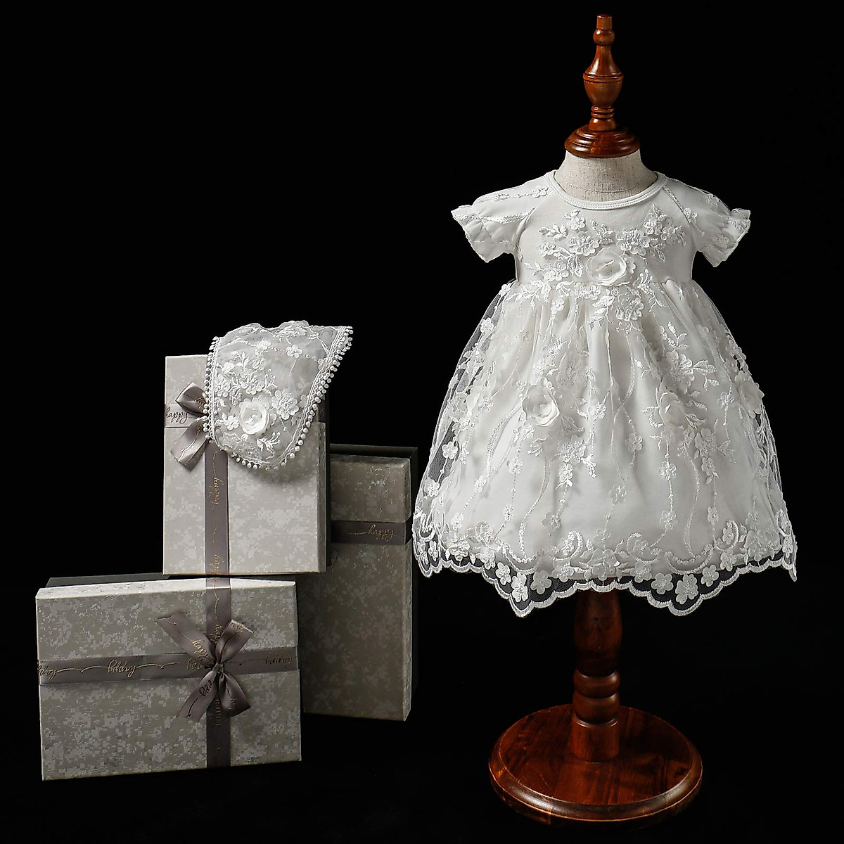 Baby Girls Lace Dress Christening Baptism Gowns Outfit with Bonnet for Party Wedding