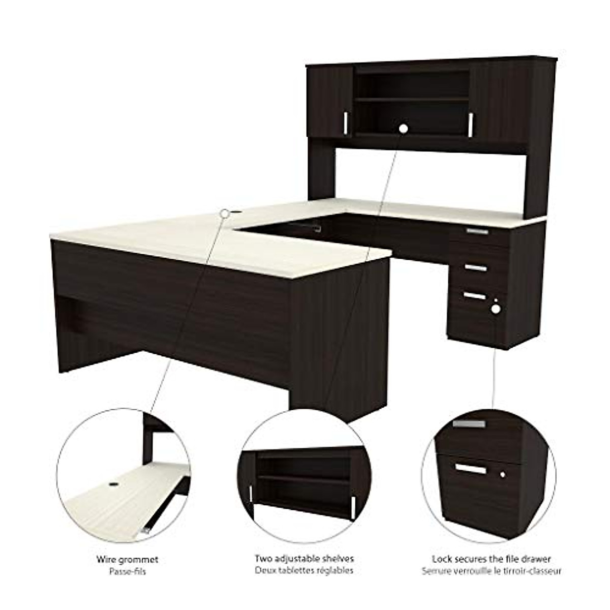 Bestar Ridgeley Executive Computer Desk with Hutch, a lateral File Cabinet, and a Bookcase, White Chocolate