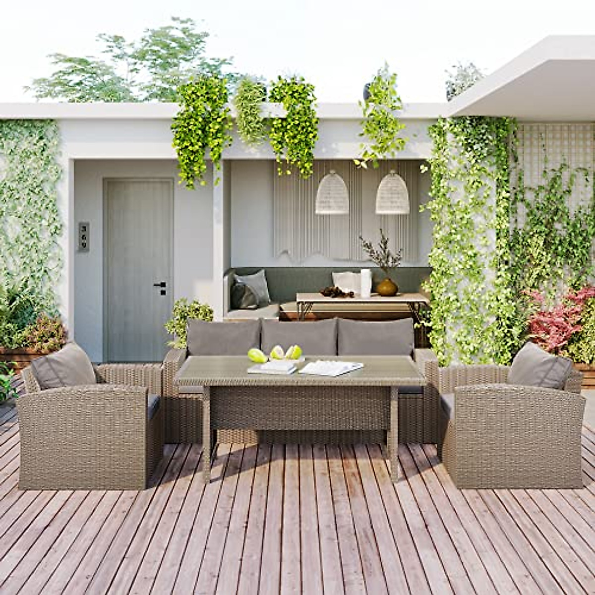 DHPM 4 Piece Patio PE Rattan Wicker C, Outdoor Sectional Conversation Furniture Chair Set Table, 3 Sofa with Cushions, 5 Seats for Garden, Poolside, Backyard, Gray