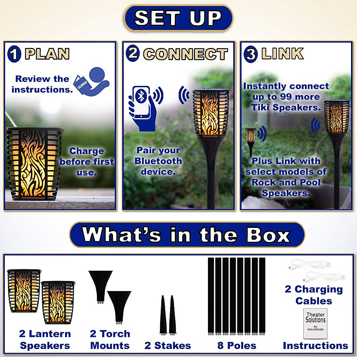 Theater Solutions TT100 Fully Wireless 120 Watt Rechargeable Battery Bluetooth Tiki Torch Speaker 2 Pack Lanterns Link Up to 99 Speakers Wirelessly, Black