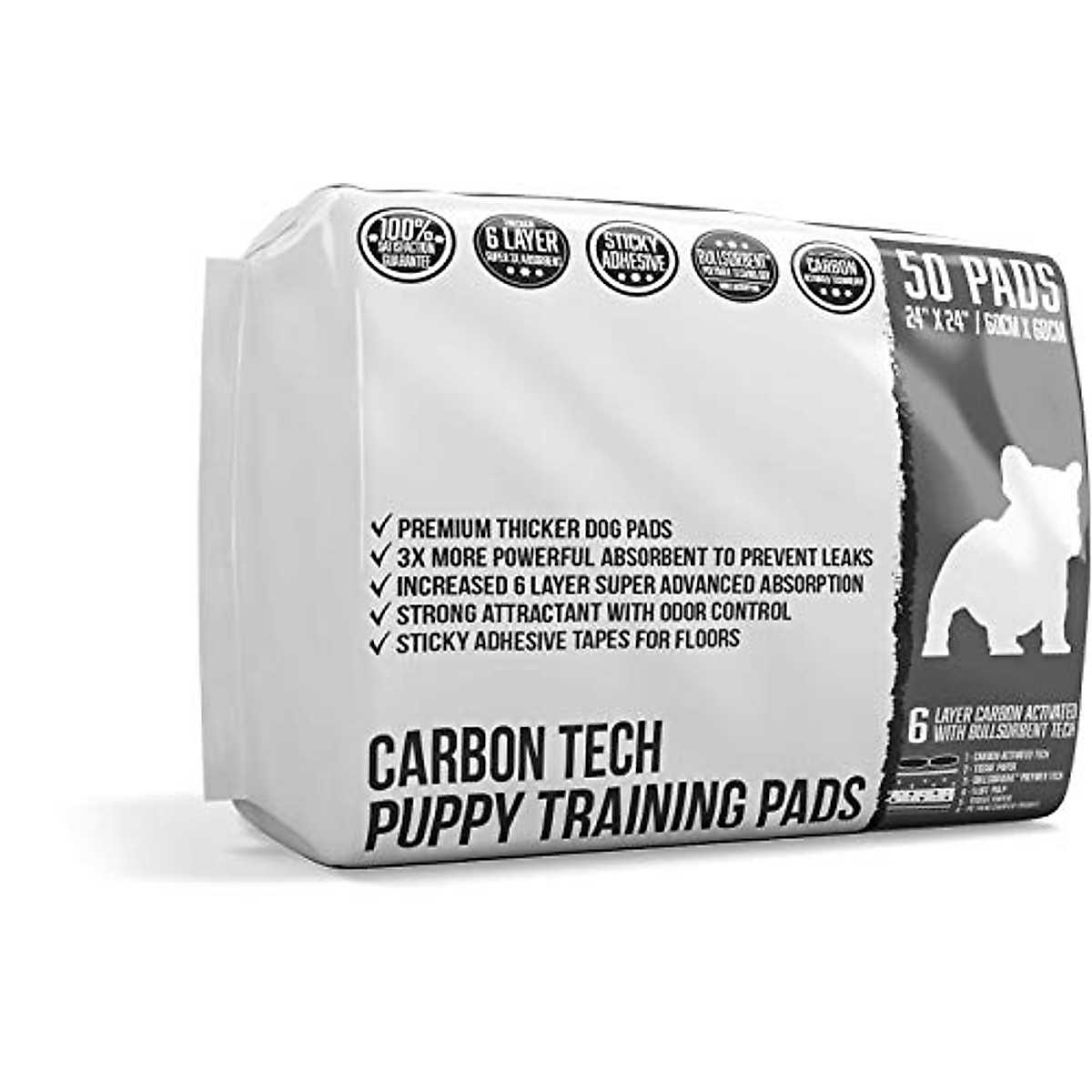 Bulldoglogy Carbon Black Puppy Pee Pads with Adhesive Sticky Tape - Large Charcoal Housebreaking Dog Training Wee Pads (24x24) 6 Layers with Extra Quick Dry Bullsorbent Polymer Tech (50-Count)